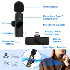 Wireless Lavalier Microphone for iPhone 7 8 X XR XS 11 12 13 14 Max Pro SE - 2.4GHz Plug&Play Lapel Mic with Clip for Video Recording YouTube Tiktok Facebook Live Stream Vlogging | Black