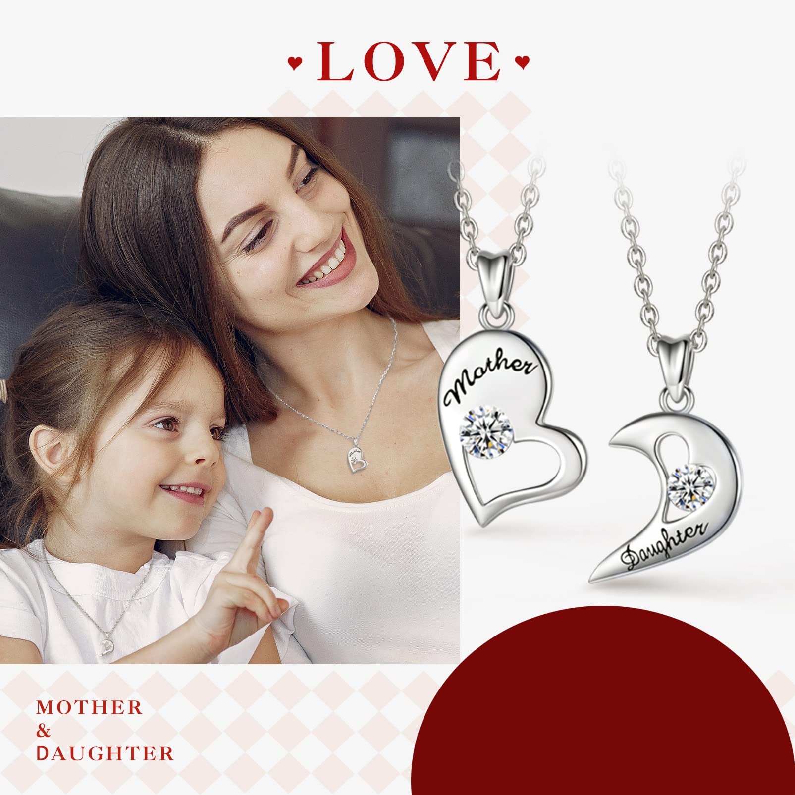 EUDORA Sterling Silver Mother Daughter Necklace Set for 2 for Mama, Heart Moon Mom Daughter Double Chain Pendant Jewelry Mother's Day Gift for Mother Stepmother Daughter