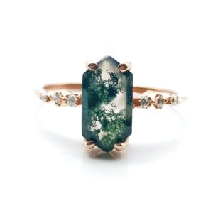 natural moss agate ring for women pear hexagon shaped gold ring silver ring delicate ring stacking ring promise ring for women's birthday gift by forever gems & jewels, rose gold,white,green,silver