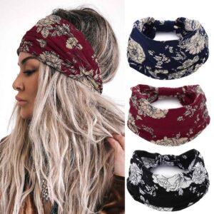 aceorna boho headbands wide knotted hairbands stretch turban head bands elastic cotton workout hair bands floral yoga sweetbands bohemia head wraps for women and girls 3 pcs (printed 1)