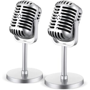 chivao 2 pack retro microphone props model vintage microphone stage table decor plastic fake microphone antique microphone decor stand microphone costume prop for party toy (silver, classic)