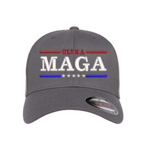 trump ultra maga logo embroidered flexfit fitted ball cap + sticker new (large-xlarge, grey)