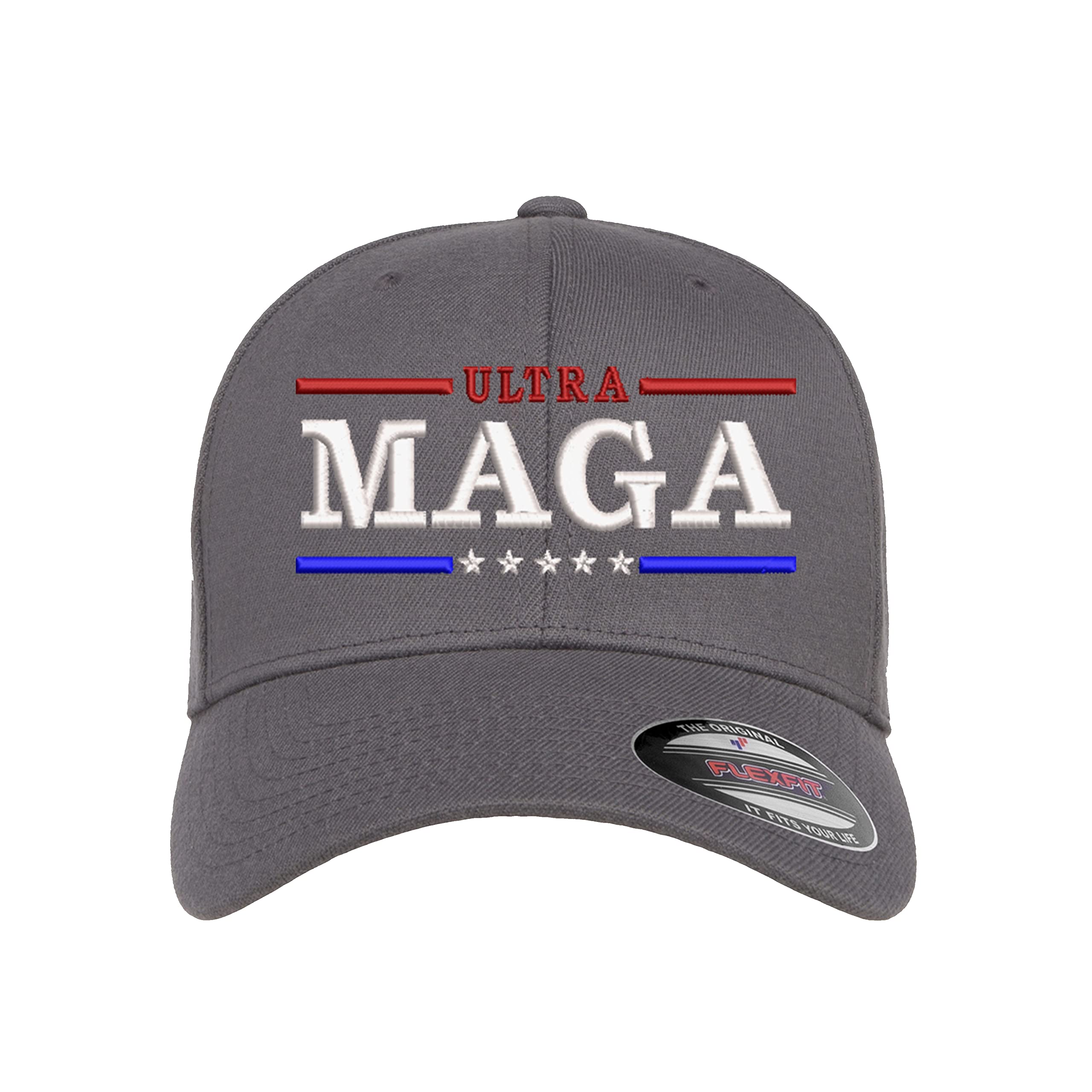 Trump Ultra MAGA Logo Embroidered Flexfit Fitted Ball Cap + Sticker New (Large-XLarge, Grey)