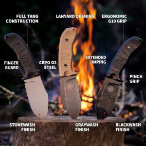 Off-Grid Knives - Alpha-Dog Coyote, Heavy Duty Fixed Blade Knife, 5mm Thick CRYO D2 Blade Steel, Full Tang, G10 Scales & XL Handle (Coyote)