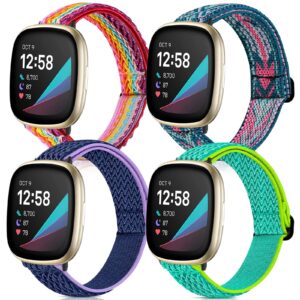 4 pack stretchy bands compatible with fitbit versa 3/ versa 4/ sense 2/fitbit sense women men, adjustable elastic breathable loop nylon replacement straps