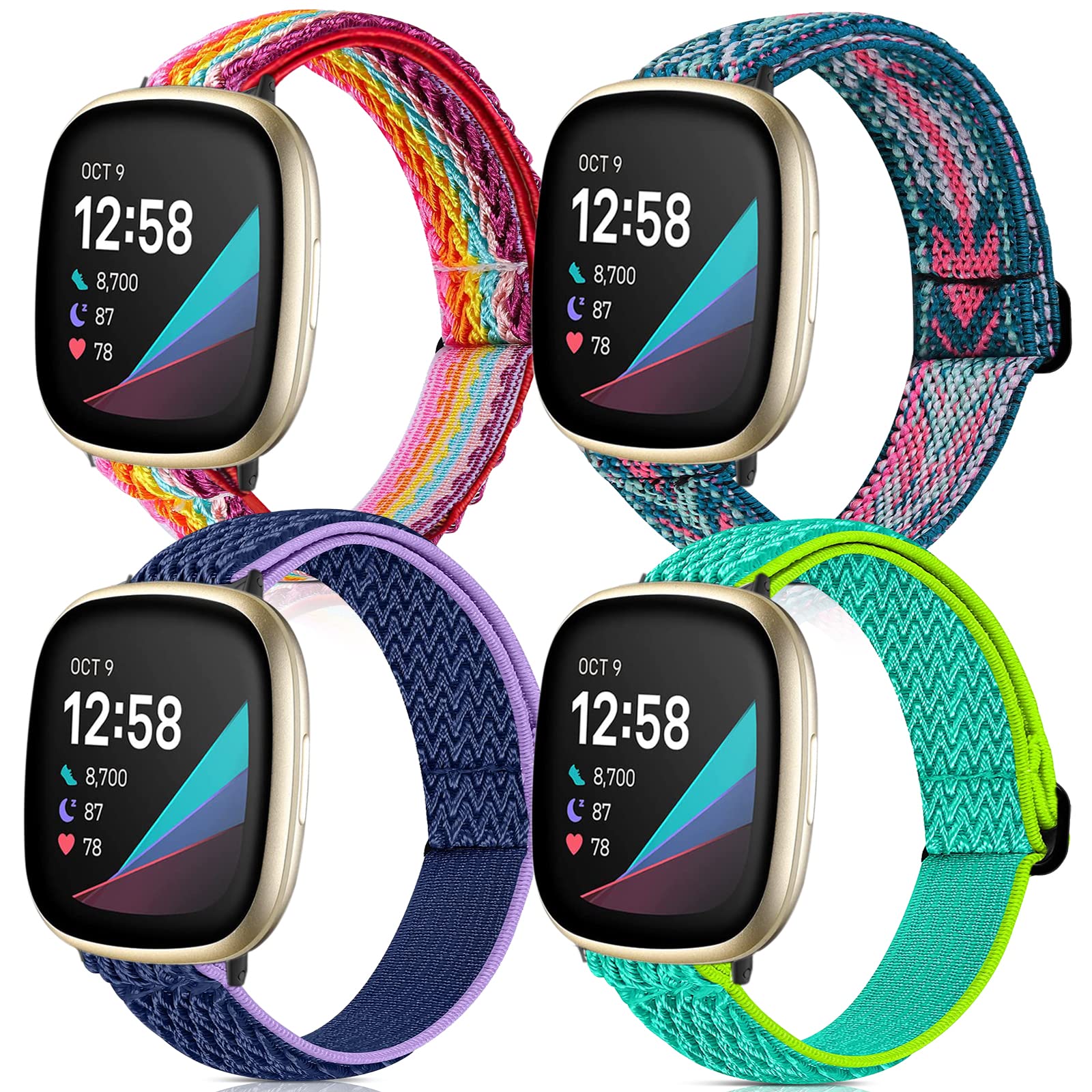 4 Pack Stretchy Bands Compatible with Fitbit Versa 3/ Versa 4/ Sense 2/Fitbit Sense Women Men, Adjustable Elastic Breathable Loop Nylon Replacement Straps