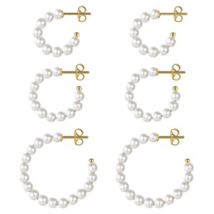 muyan 3 pairs pearl hoop earrings for women,gold plated pearl earrings lightweight hoops white pearl hoops