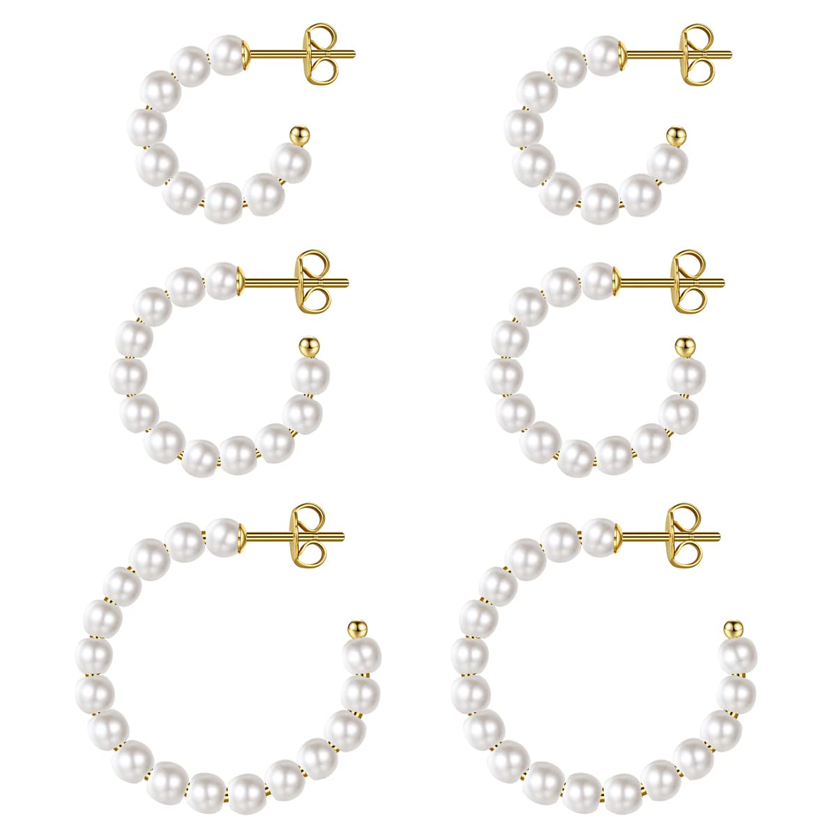 MUYAN 3 Pairs Pearl Hoop Earrings for Women,Gold Plated Pearl Earrings Lightweight Hoops White Pearl Hoops