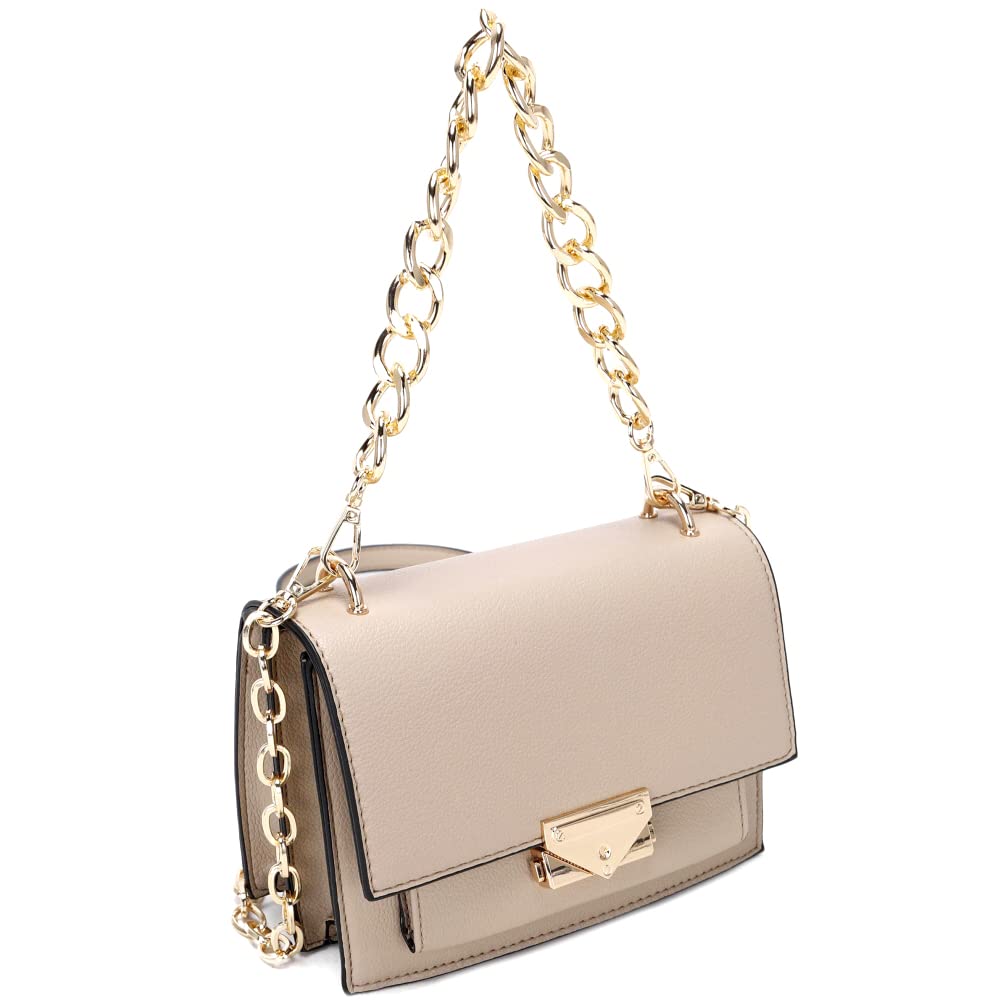 Chain Top-Handle Square Flap Clutch Satchel Vegan Leather Crossbody Purse (Chain Top-Handle - Khaki)