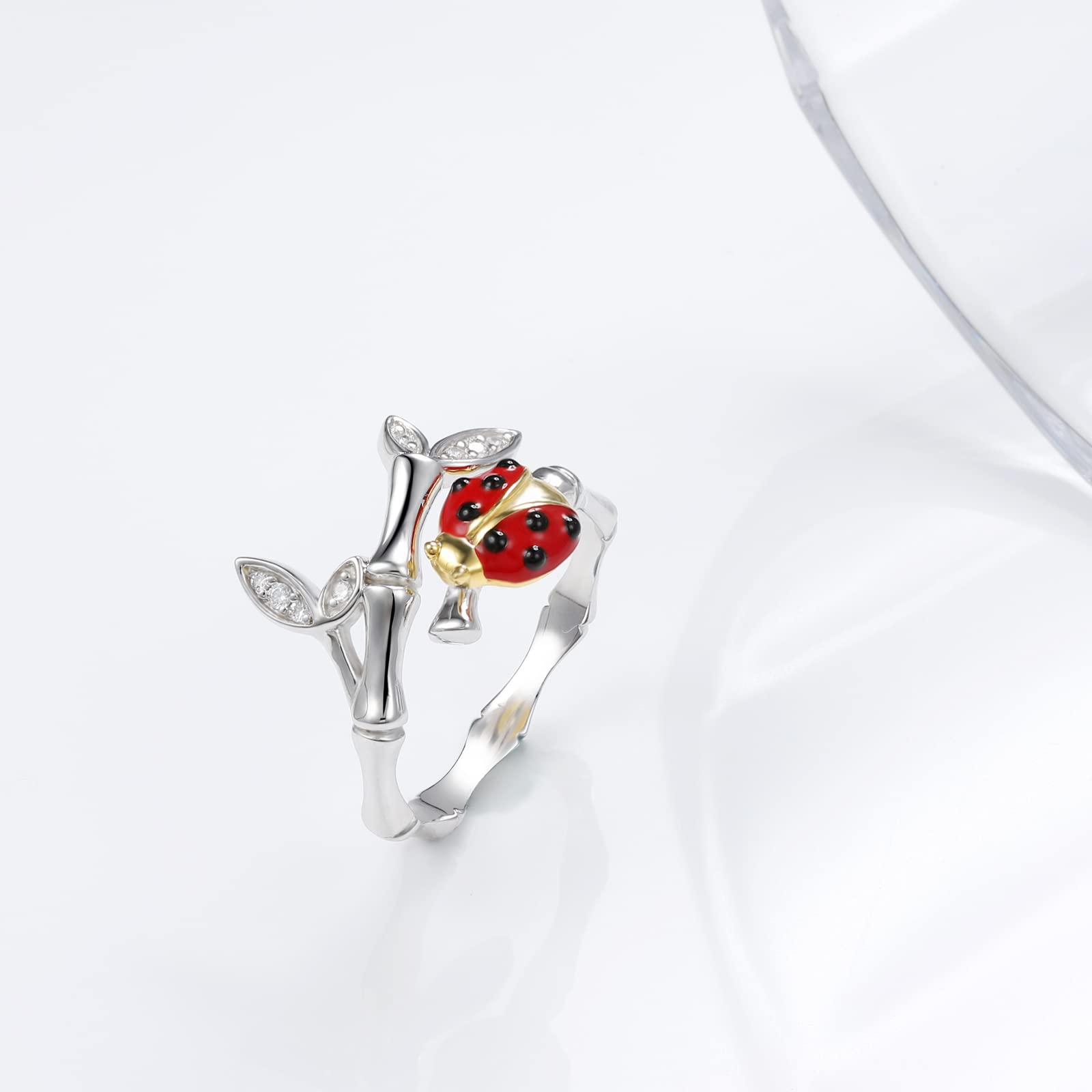 JZWUYAN Silver Ladybug Bamboo Leaves Ring - 925 Sterling Silver Cute Ladybug with Bamboo Leaf Jewelry for Women, Red Ladybug Animal on The Bamboo Adjustable Rings Gifts for Her