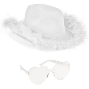 funcredible white cowboy hat and glasses - fluffy cowgirl hat with star for girls - cowboy hat with feathers - cowgirl accessories - halloween accessories for women