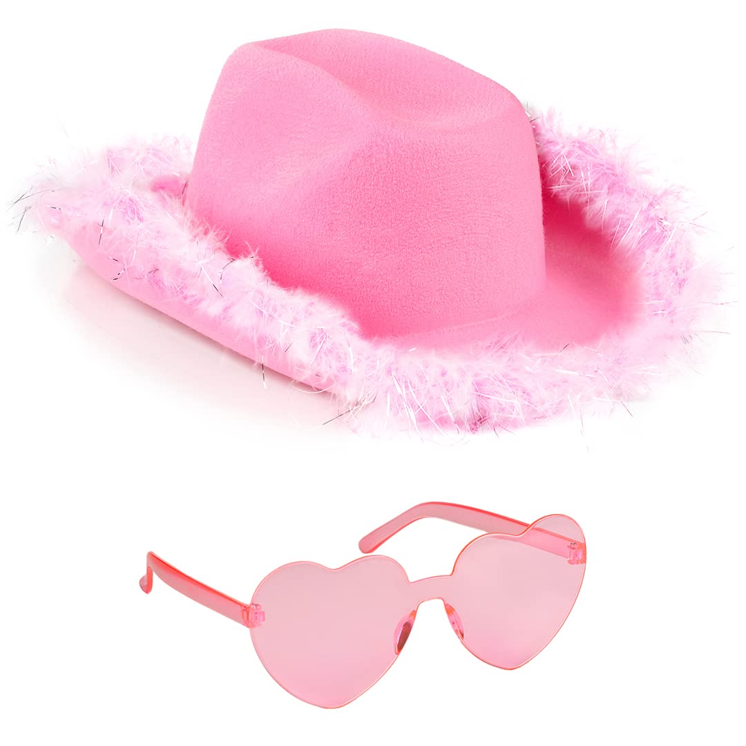 Funcredible Pink Cowboy Hat and Glasses - Fluffy Cowgirl Hat with Star for Girls - Cowboy Hat with Feathers - Cowgirl Accessories - Halloween Accessories for Women