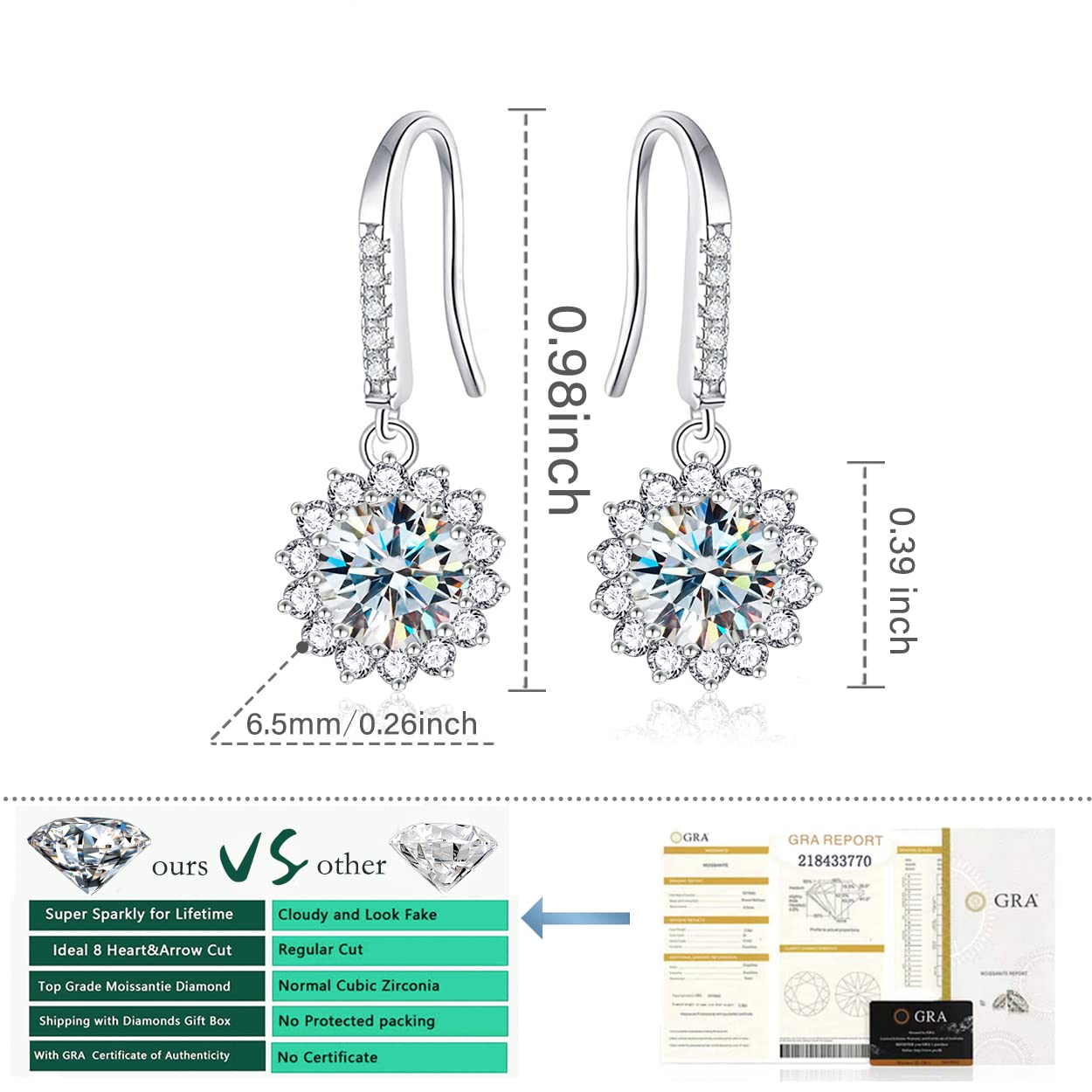 2CT Moissanite Earrings 18K White Gold Plated D Color Top Grade Cut Diamond With GRA Certification 925 Sterling Silver Ideal Gift for Women Valentines, Mothers Day, Christmas, and Birthdays