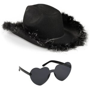 funcredible black cowboy hat and glasses - fluffy cowgirl hat with star for girls - cowboy hat with feathers - cowgirl accessories - halloween accessories for women