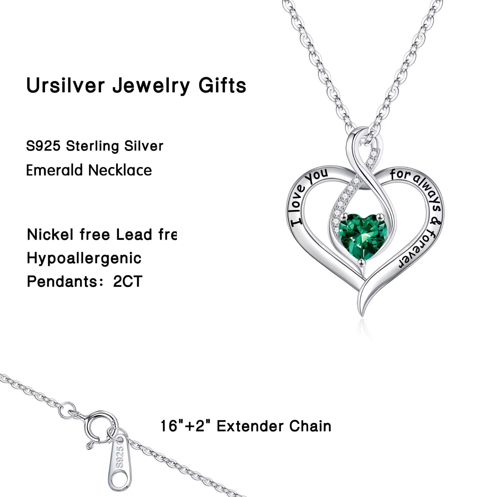 Ursilver Love Heart Emerald Birthstone Necklace - S925 Sterling Silver Birthstone Necklace May Birthstone Necklace Mothers Day Gifts Christmas Gifts Jewelry Gifts for Women Mom Wife Grandma