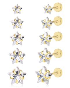 daili 5 pairs cubic zirconia earrings studs: gold flat back stud earrings for women hypoallergenic surgical stainless steel star cz stud earrings for helix cartilage 3-8mm