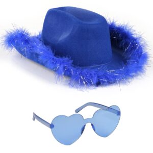 funcredible blue cowboy hat and glasses - fluffy cowgirl hat with star for girls - cowboy hat with feathers - cowgirl costume - halloween accessories for women