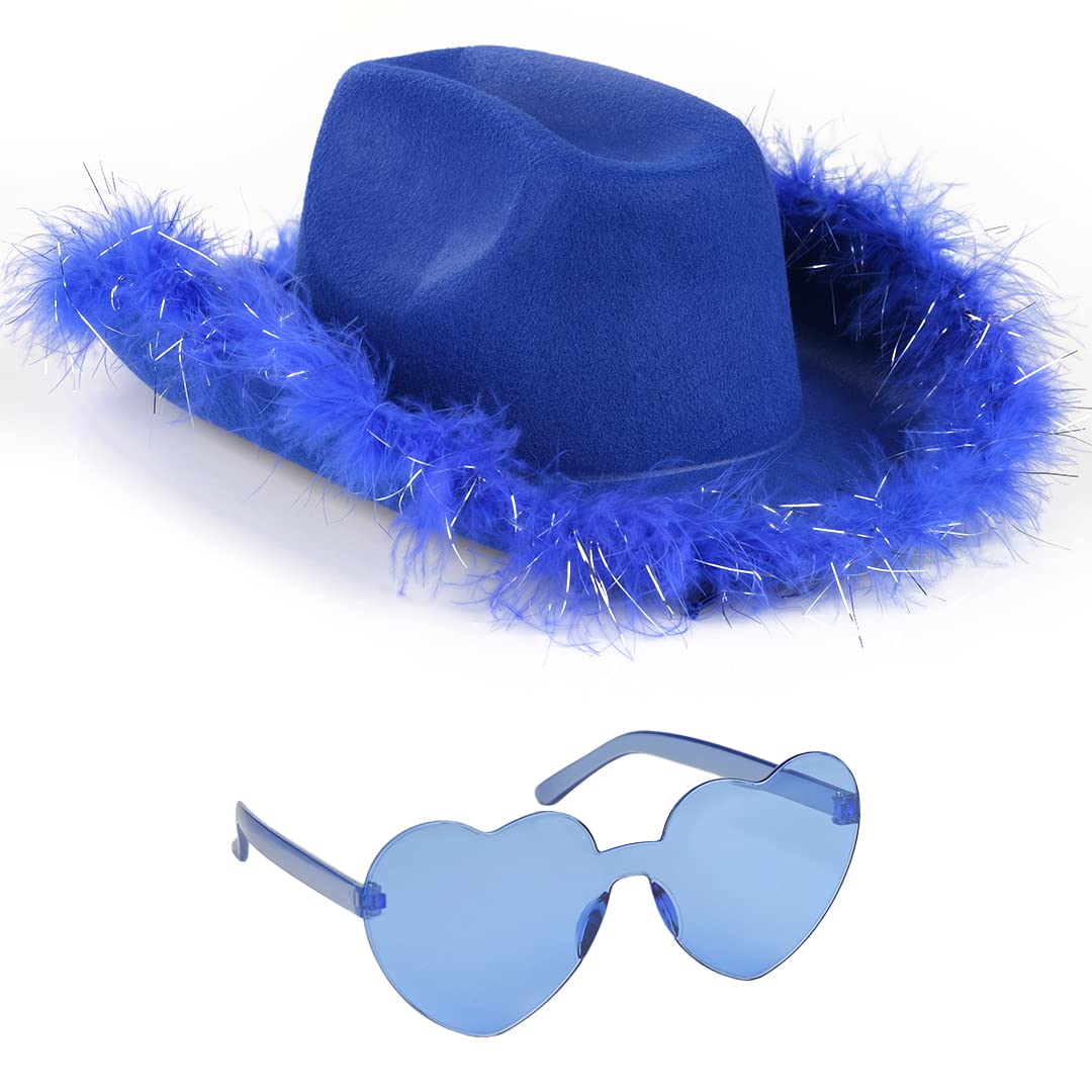 Funcredible Blue Cowboy Hat and Glasses - Fluffy Cowgirl Hat with Star for Girls - Cowboy Hat with Feathers - Cowgirl Costume - Halloween Accessories for Women