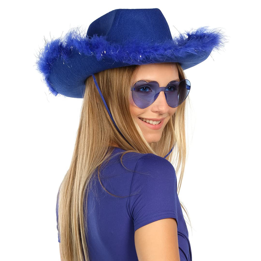 Funcredible Blue Cowboy Hat and Glasses - Fluffy Cowgirl Hat with Star for Girls - Cowboy Hat with Feathers - Cowgirl Costume - Halloween Accessories for Women