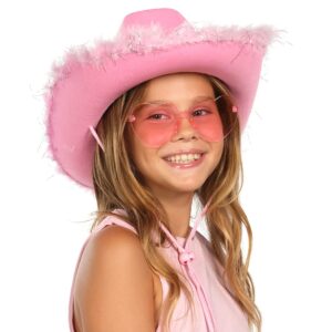 Funcredible Pink Cowboy Hat and Glasses - Fluffy Cowgirl Hat with Star for Girls - Cowboy Hat with Feathers - Cowgirl Accessories - Halloween Accessories for Women