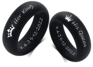 yungelx custom inside her king & his queen silicone couple matching ring set for him her 8mm black breathable silicone rubber dome rings comfort fit wedding band for girlfriend boyfriend