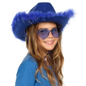 Funcredible Blue Cowboy Hat and Glasses - Fluffy Cowgirl Hat with Star for Girls - Cowboy Hat with Feathers - Cowgirl Costume - Halloween Accessories for Women