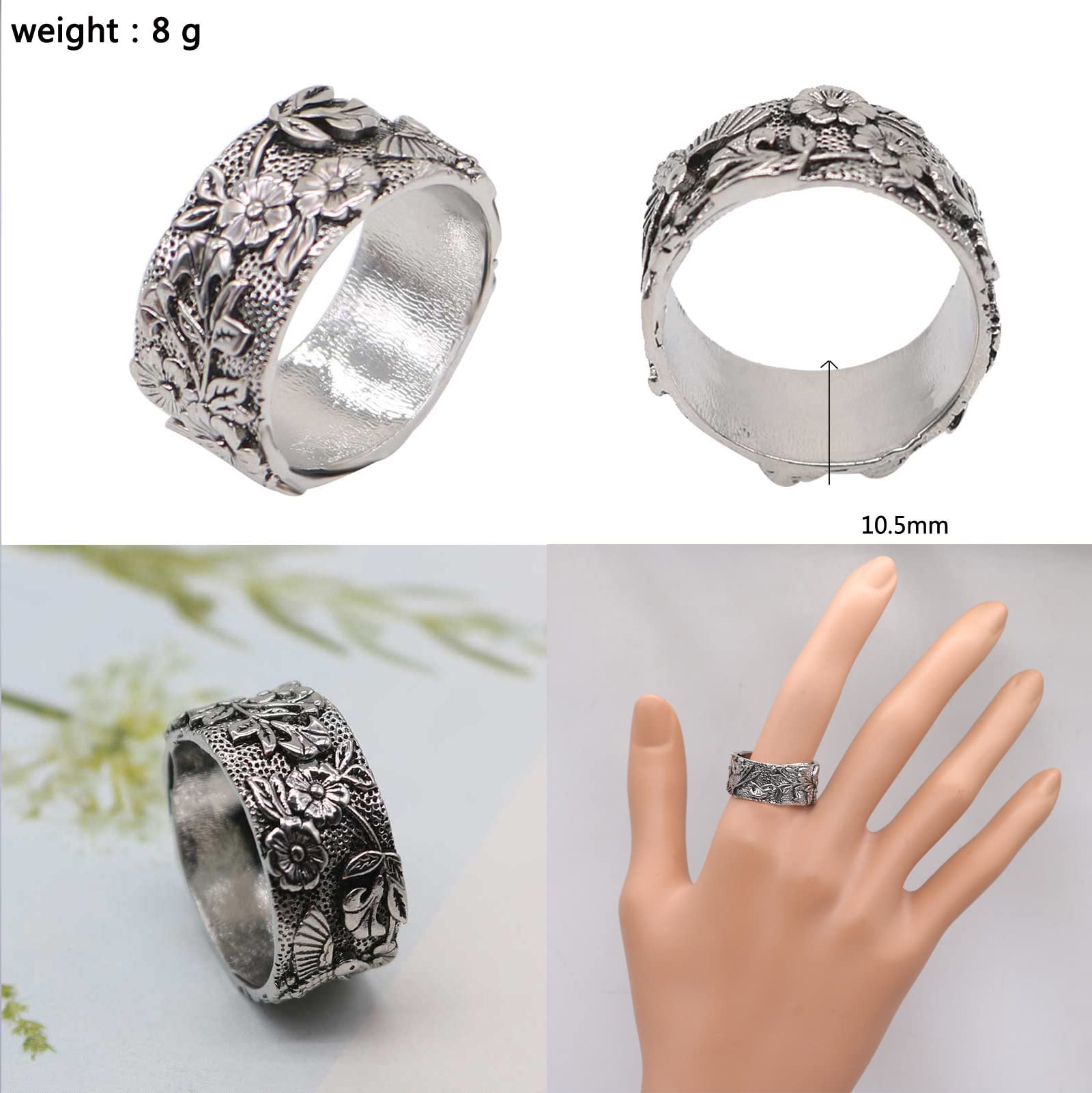 ABJFJE Retro Daisy Bird Rings Boho Daisy Flower Carved Ring Anniversary Band Ring Eternity Fashion Jewelry for Men Women Gift (10)