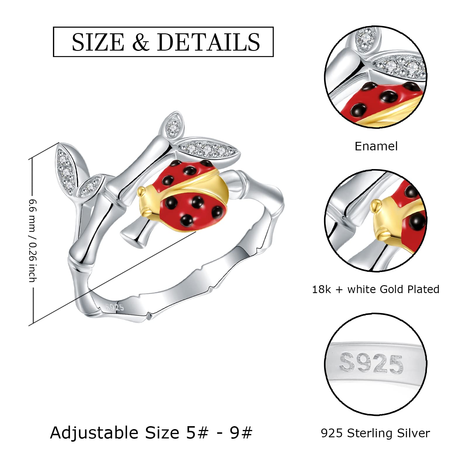 JZWUYAN Silver Ladybug Bamboo Leaves Ring - 925 Sterling Silver Cute Ladybug with Bamboo Leaf Jewelry for Women, Red Ladybug Animal on The Bamboo Adjustable Rings Gifts for Her