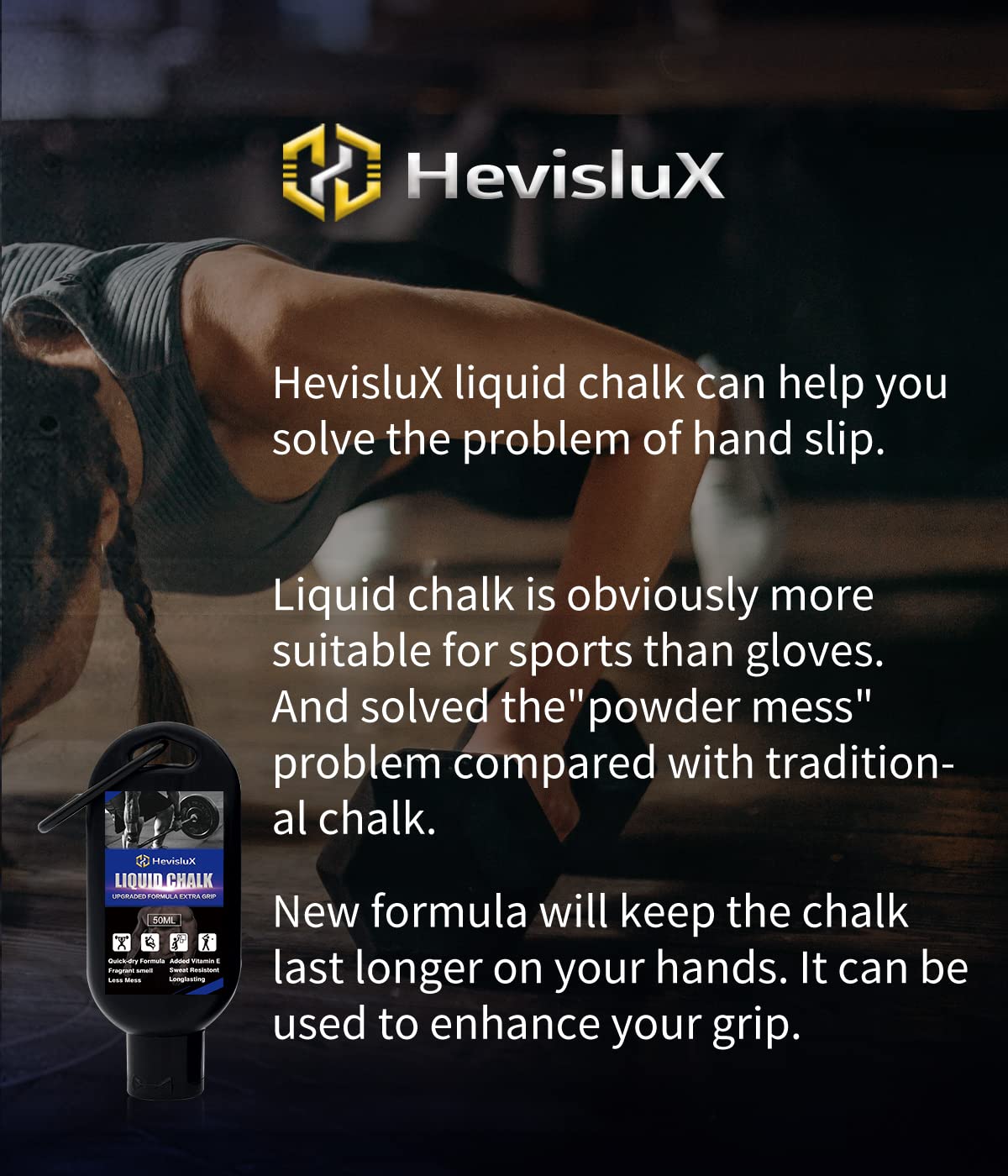 Hevislux Liquid Chalk. Improve Hand Grip for Gymnastic, Rock Climbing, Weightlifting. Quick-Drying Formula. Easy use, no Mess, Added Vitamin E. (250ml)