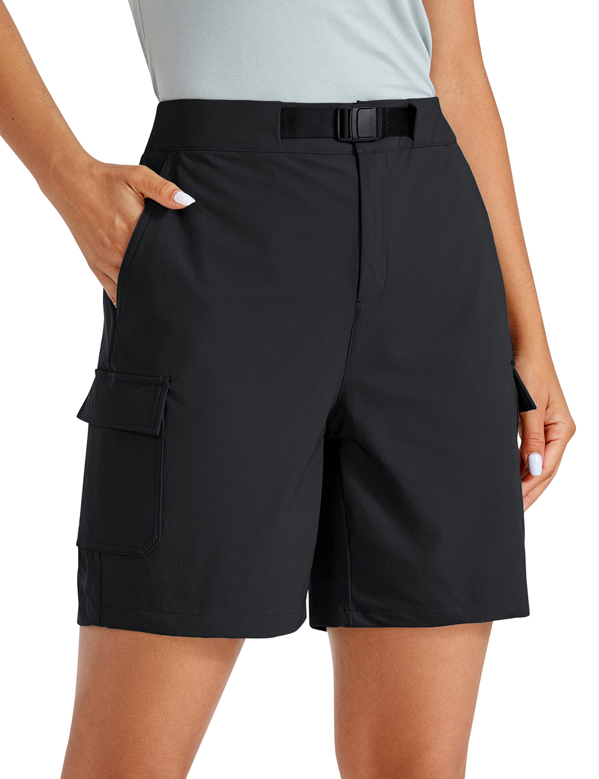 CRZ YOGA Stretch Hiking Cargo Shorts for Women 7'' - UPF 50+ Waterproof Lightweight Summer Outdoor Golf Shorts with Pockets Black_Shorts X-Small