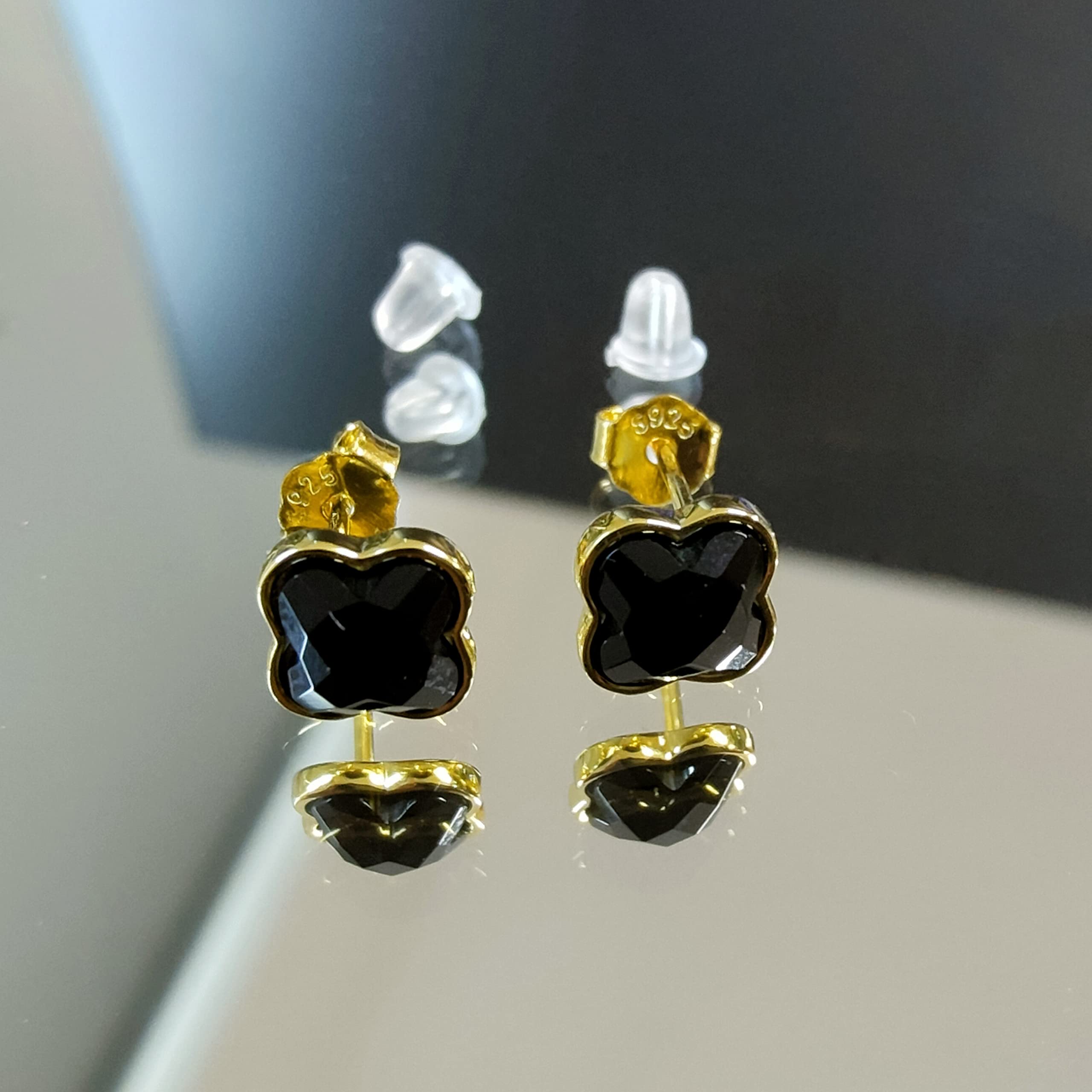 925 Sterling Sliver Clover Earrings, Black Onyx Stud Earrings for Women