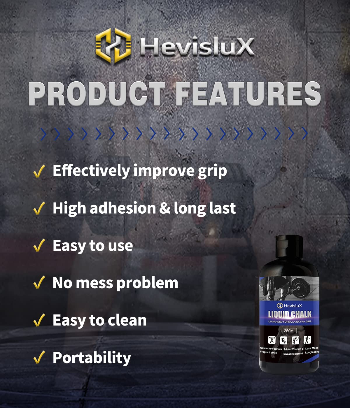 Hevislux Liquid Chalk. Improve Hand Grip for Gymnastic, Rock Climbing, Weightlifting. Quick-Drying Formula. Easy use, no Mess, Added Vitamin E. (250ml)