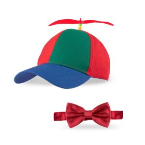 framendino, rainbow propeller hats detachable helicopter top cap blue brim baseball hats with adjustable red bow tie for adult costumes