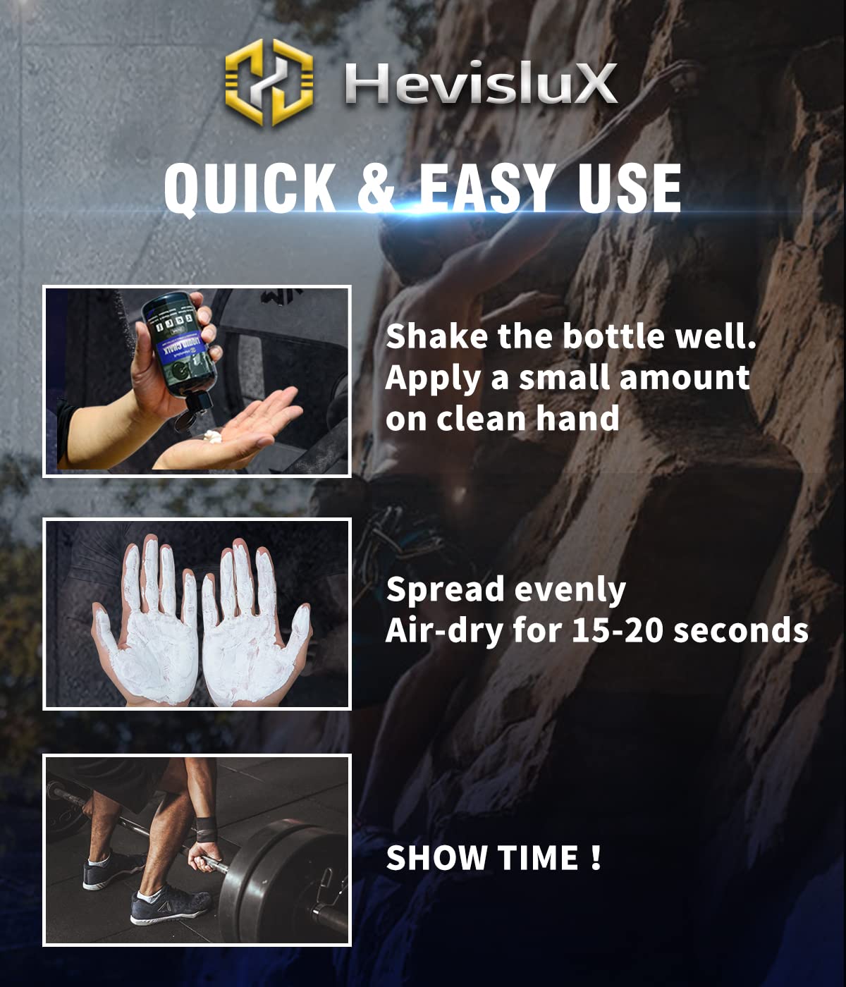 Hevislux Liquid Chalk. Improve Hand Grip for Gymnastic, Rock Climbing, Weightlifting. Quick-Drying Formula. Easy use, no Mess, Added Vitamin E. (250ml)