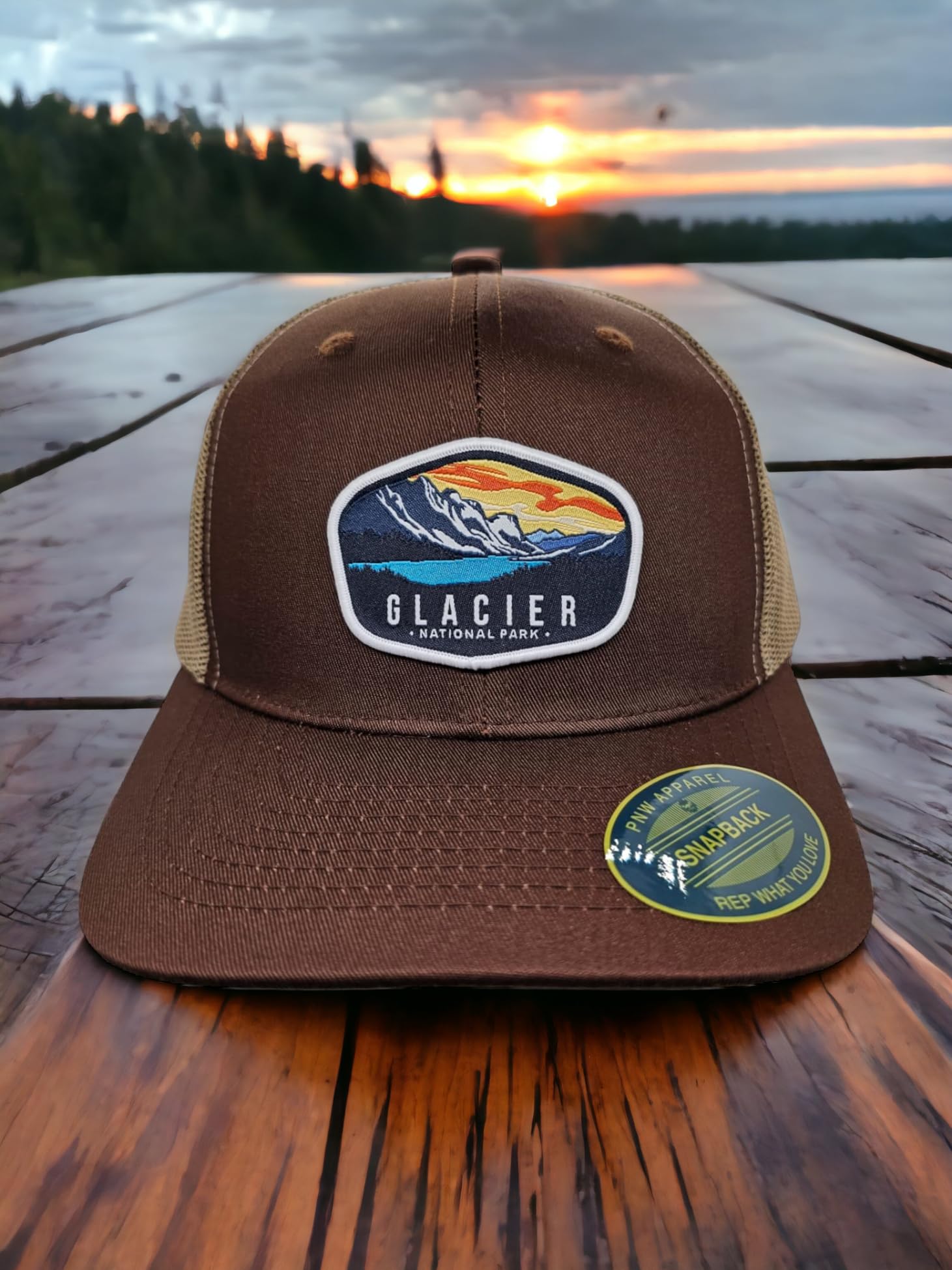 Glacier Trucker Hat w/National Park Woven Patch (Brown/Tan)