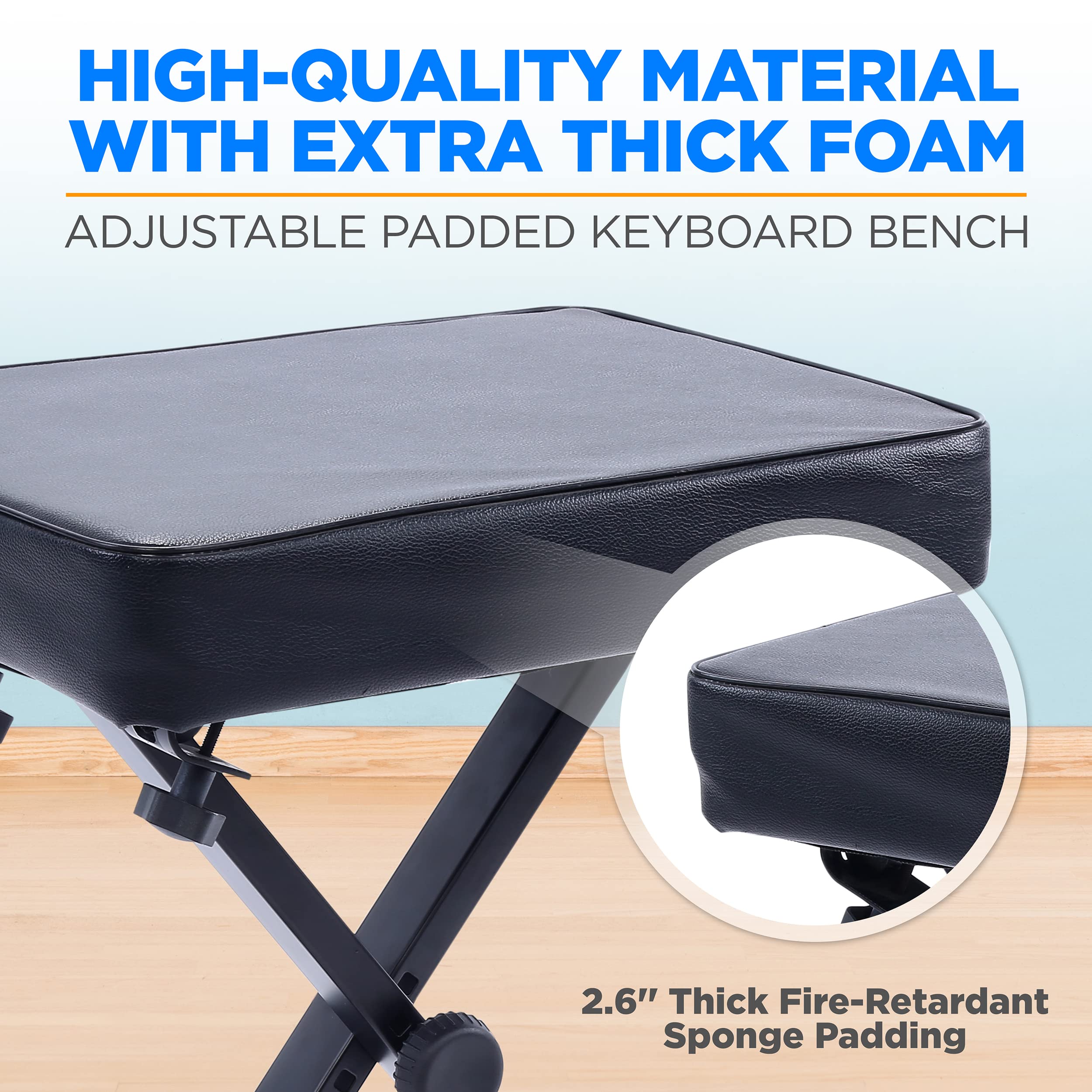 Pyle Adjustable Padded Keyboard X Bench with Three Holes on Each Leg, 4 Non-Slip Rubber Feet, Designed to Fit Users and Playing Styles-PKBENTS