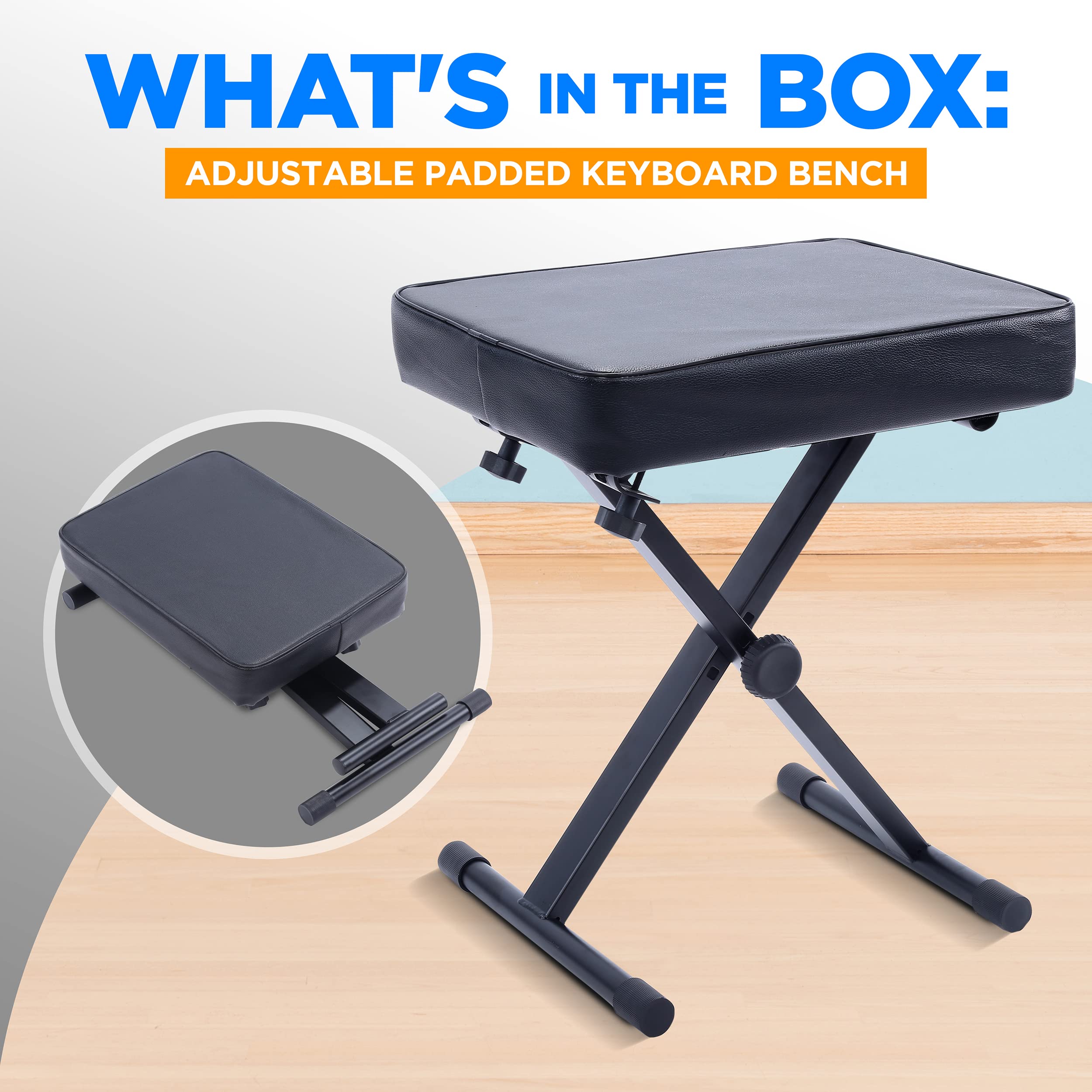 Pyle Adjustable Padded Keyboard X Bench with Three Holes on Each Leg, 4 Non-Slip Rubber Feet, Designed to Fit Users and Playing Styles-PKBENTS