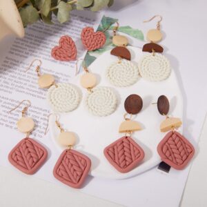 Harlermoon Polymer Clay Rattan Flower Earring Handmade Woven Statement Boho Lightweight Drop Dangle Earrings Jewelry for Women (White 1)