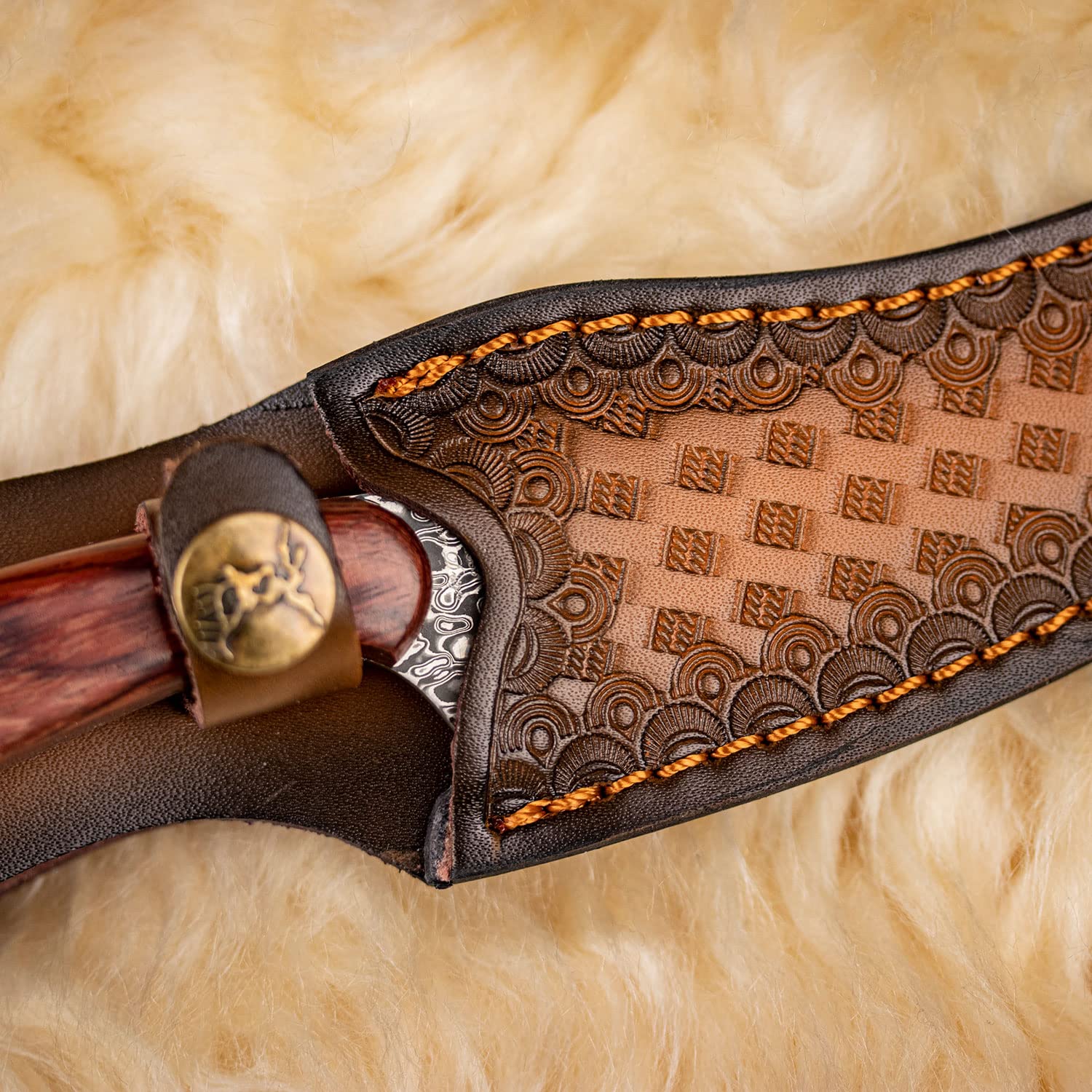 Elk Ridge - Outdoors Fixed Blade Knife - Genuine Damascus Stainless Steel Blade, Rose Wood Handle, Full Tang Construction, Includes Leather Sheath, Hunting, Camping, Survival - ER-299RDM, Brown