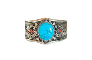 boho blue stabilized turquoise & red coral adjustable cuff bracelet | unique jewelry from nepal