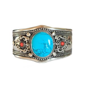 Boho Blue Stabilized Turquoise & Red Coral Adjustable Cuff Bracelet | Unique Jewelry from Nepal