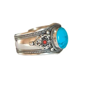 Boho Blue Stabilized Turquoise & Red Coral Adjustable Cuff Bracelet | Unique Jewelry from Nepal