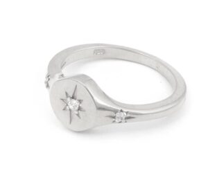 sterling silver signet ring, cz ring, north star ring, polaris ring, unique silver ring, star signet ring, starburst ring, celestial ring (gold, 9)