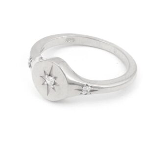 Sterling Silver Signet Ring, Cz Ring, North Star Ring, Polaris Ring, Unique Silver Ring, Star Signet Ring, Starburst Ring, Celestial Ring (White, 5)