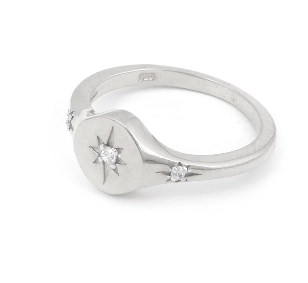 Sterling Silver Signet Ring, Cz Ring, North Star Ring, Polaris Ring, Unique Silver Ring, Star Signet Ring, Starburst Ring, Celestial Ring (White, 5)