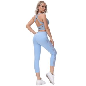 romansong High Waisted Workout Compression Capri Leggings for Women Petite Skinny Mesh Gym Legings with Pockets(Light Blue,Small)