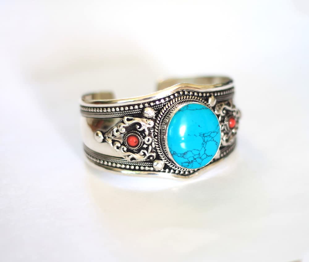 Boho Blue Stabilized Turquoise & Red Coral Adjustable Cuff Bracelet | Unique Jewelry from Nepal