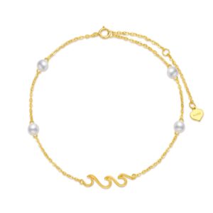 Rikelus 14K Gold Pearl Bracelets for Women Real Yellow Gold Ocean Beach Sea Wave Bracelet Freshwater Cultured Pearl Link Bracelet Jewelry Gift for Wife Mom Friend Ladies Her 6.5''+2''