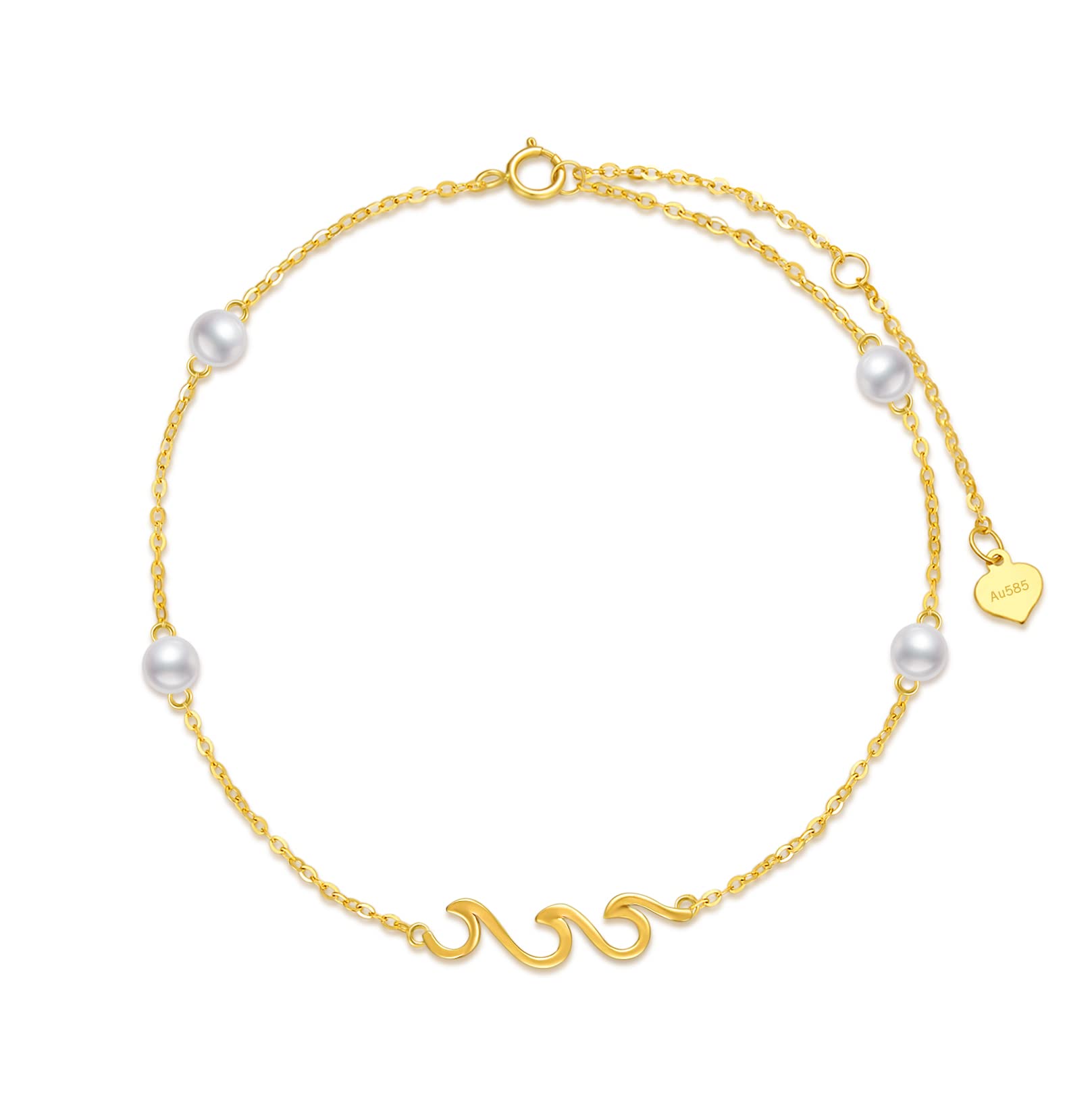 Rikelus 14K Gold Pearl Bracelets for Women Real Yellow Gold Ocean Beach Sea Wave Bracelet Freshwater Cultured Pearl Link Bracelet Jewelry Gift for Wife Mom Friend Ladies Her 6.5''+2''