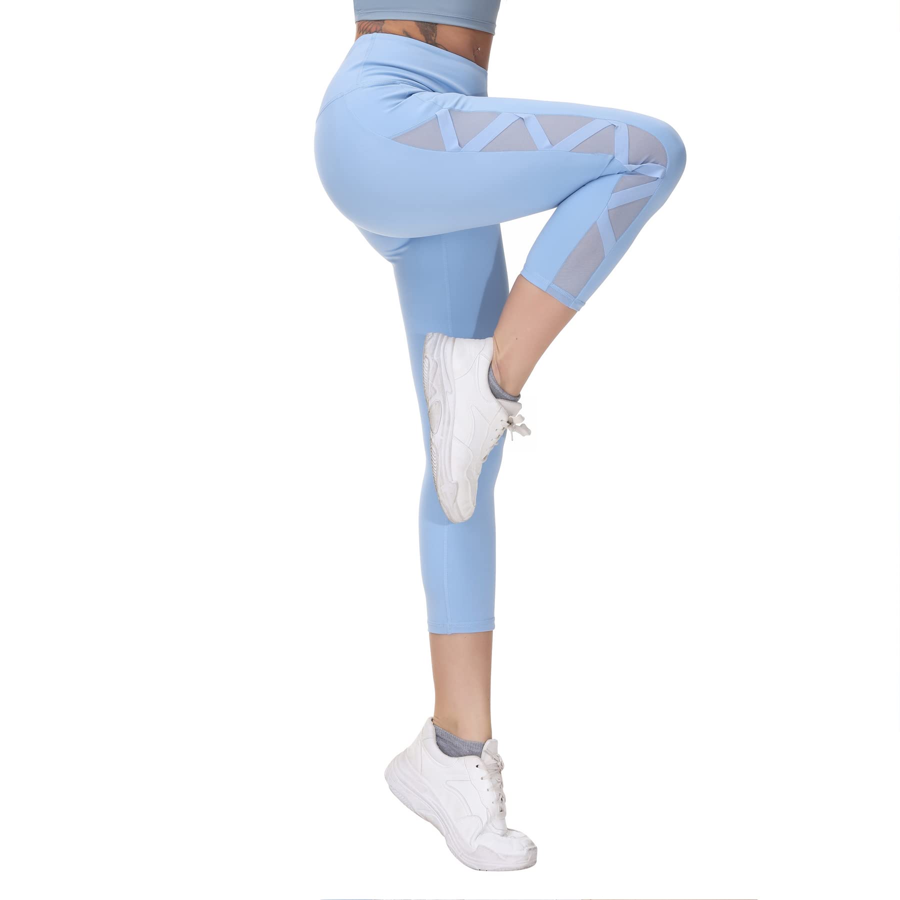 romansong High Waisted Workout Compression Capri Leggings for Women Petite Skinny Mesh Gym Legings with Pockets(Light Blue,Small)